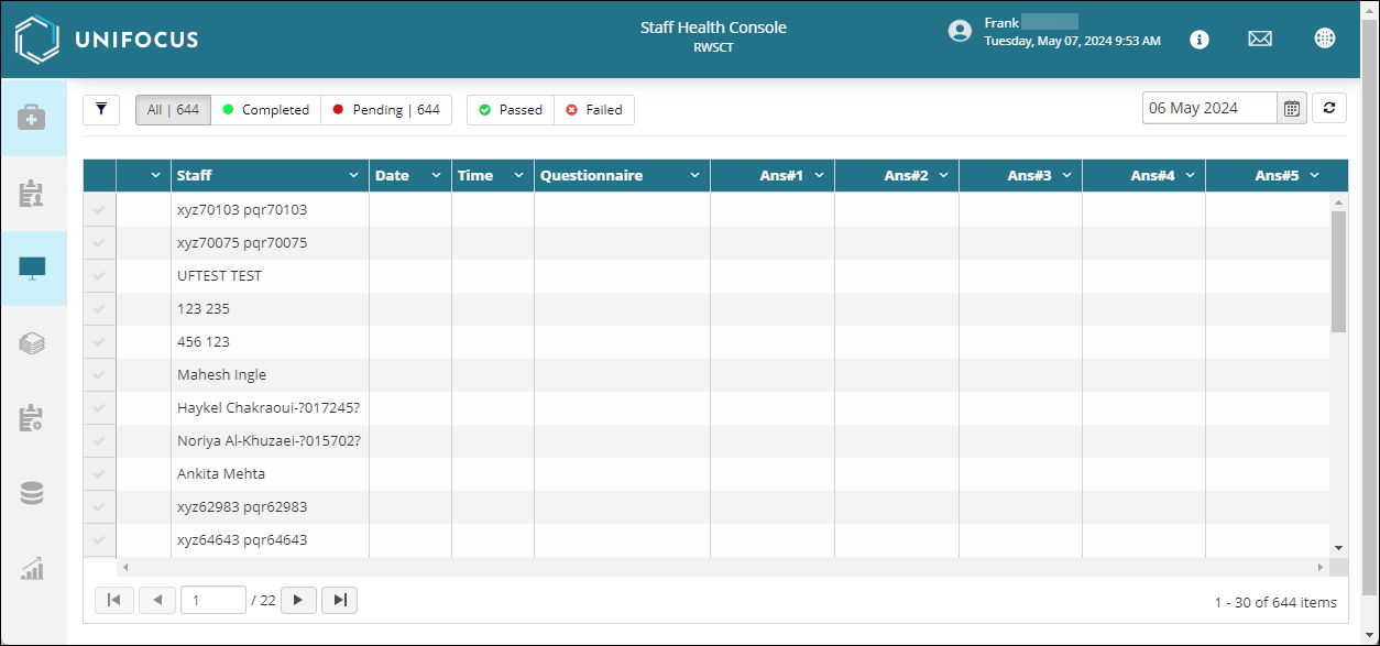 Staff Health Console screen
