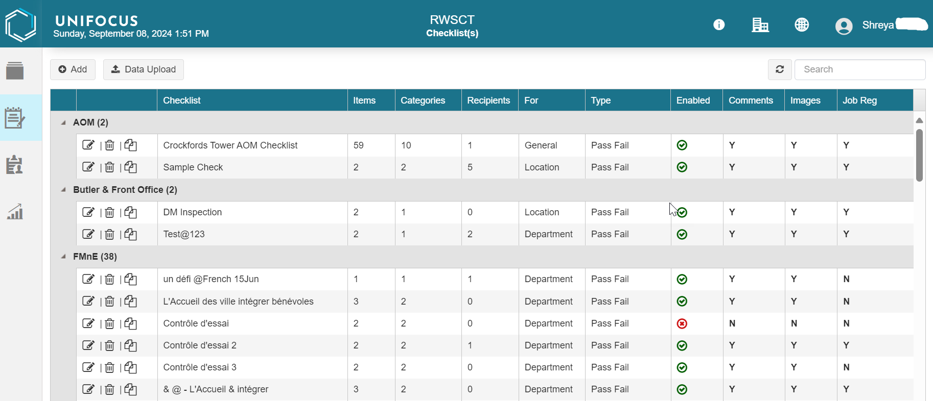 Configure Checklists screen