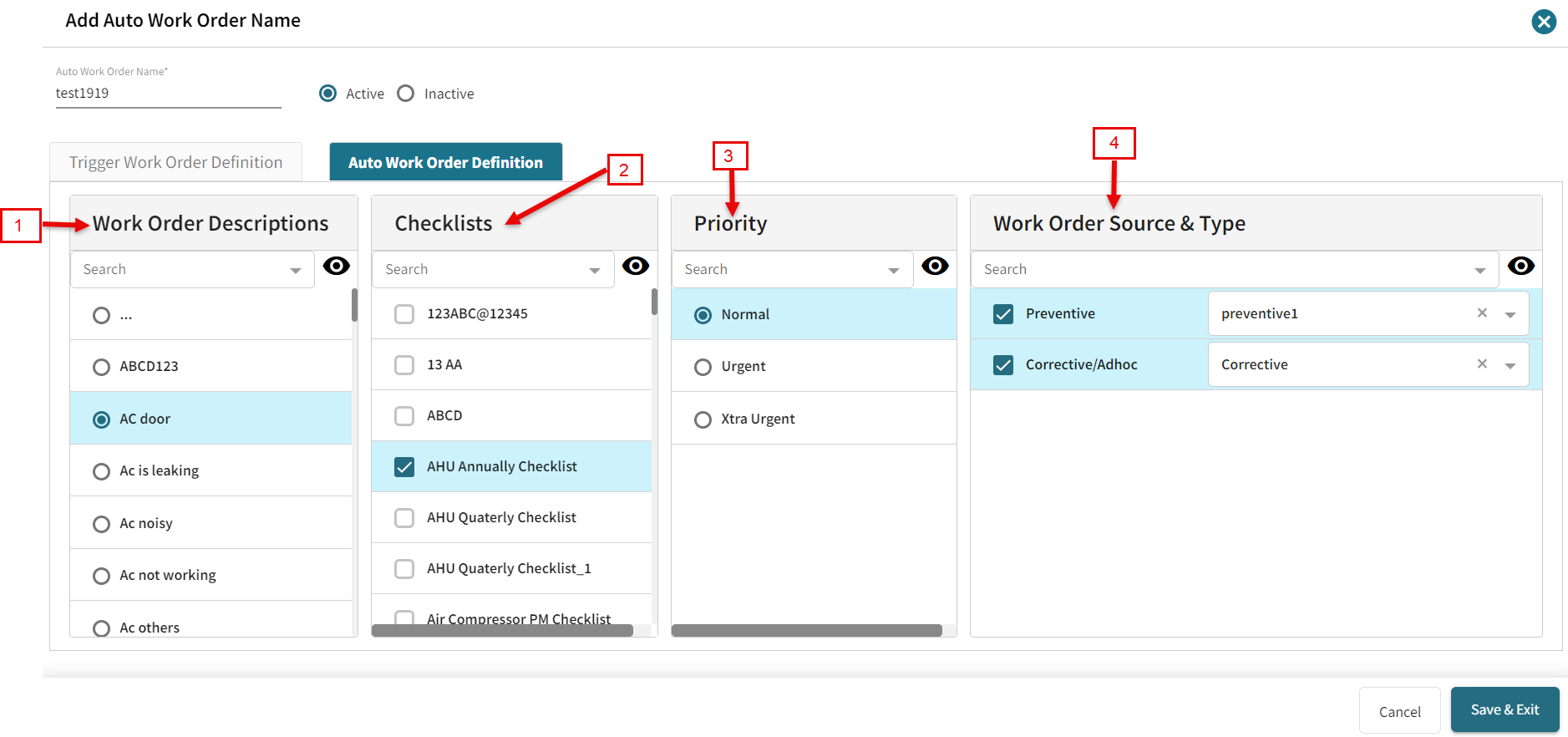 Add Auto Work Order Name screen