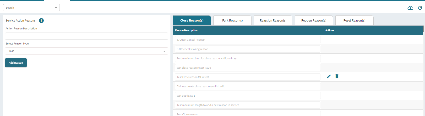 Service Action Reasons screen