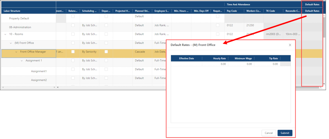 Default Rates section of the Labor Structure screen